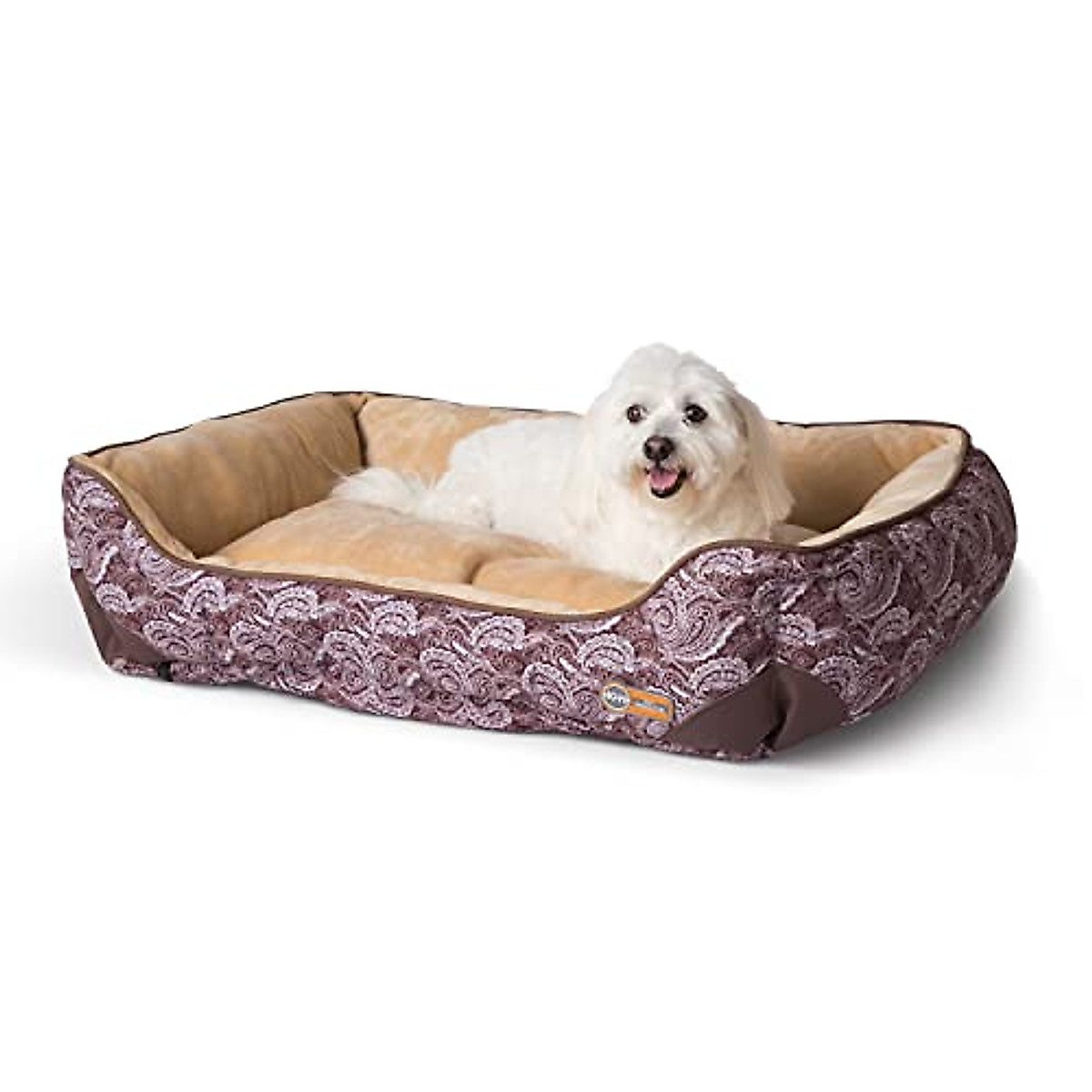 K&H PET PRODUCTS Self-Warming Lounge Sleeper Dog Bed Medium 24 X 30 Inches Brown Paisley Print