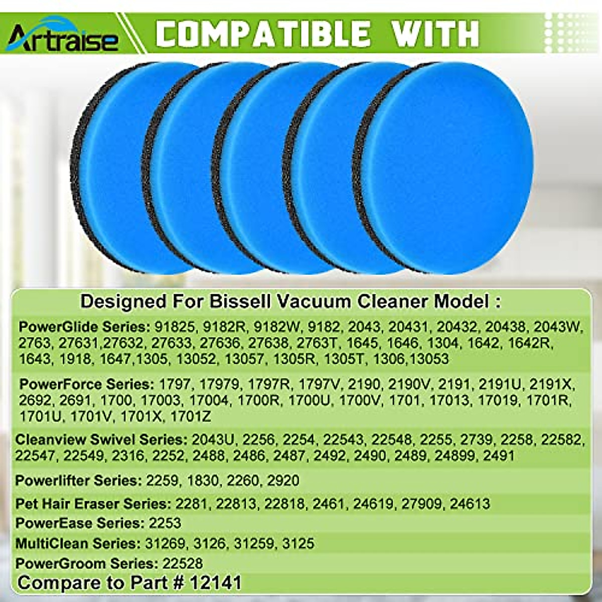 Vacuum Filter For Bissell Style 1214 Cleanview Swivel Rewind & PowerGlide Pet Powerlifter and PowerForce Cleaner, Compare to Part # 12141, 5 Pack Foam Filters