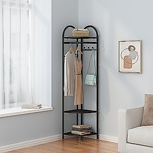 FLRH Black Corner Hall Tree, Freestanding Garment Rack with 6 Hooks and Storage Shelf, Metal Clothing Racks Coat Racks for Hallway, Entryway, Bedroom, Living Room, Office(Black)