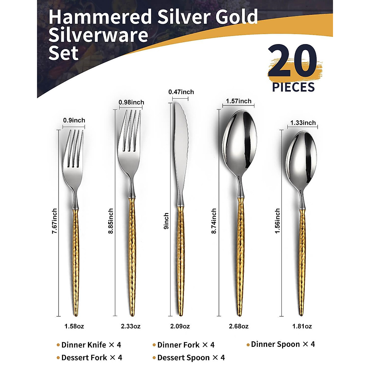 Lemeya 20-Piece Hammered Silver Gold Silverware Set,18/10 Stainless Steel Forging Heavy Duty Cutlery Set for 4, Luxury Unique Flatware Set,Spoons and Forks Set,Mirror Polished,Dishwasher Safe