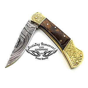 Best.Buy.Damascus1 Damascus pocket knife, Folding knife, Pocket Knife For Men, Knife Set with knife sharpeners Premium Quality gifts for men (Rose Scrimshaw)