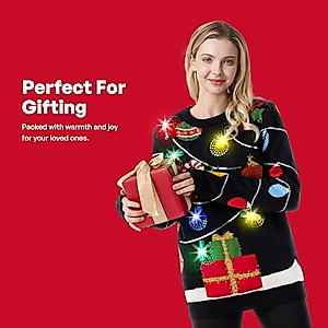 JOYIN Womens LED Light Up String Light Ugly Christmas Sweater Built-in Light Bulbs (X-Large, Black)