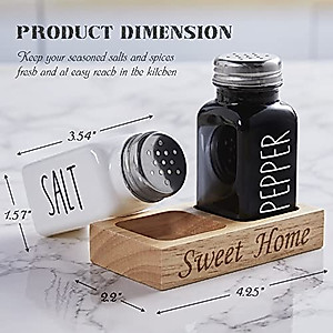 Salt and Pepper Shakers Set with Holder - Dopeca Glass Salt Shaker with Wood Caddy for Kitchen Counter or Table - Black and White Kitchen Decor and Wedding Gifts -2.7 oz