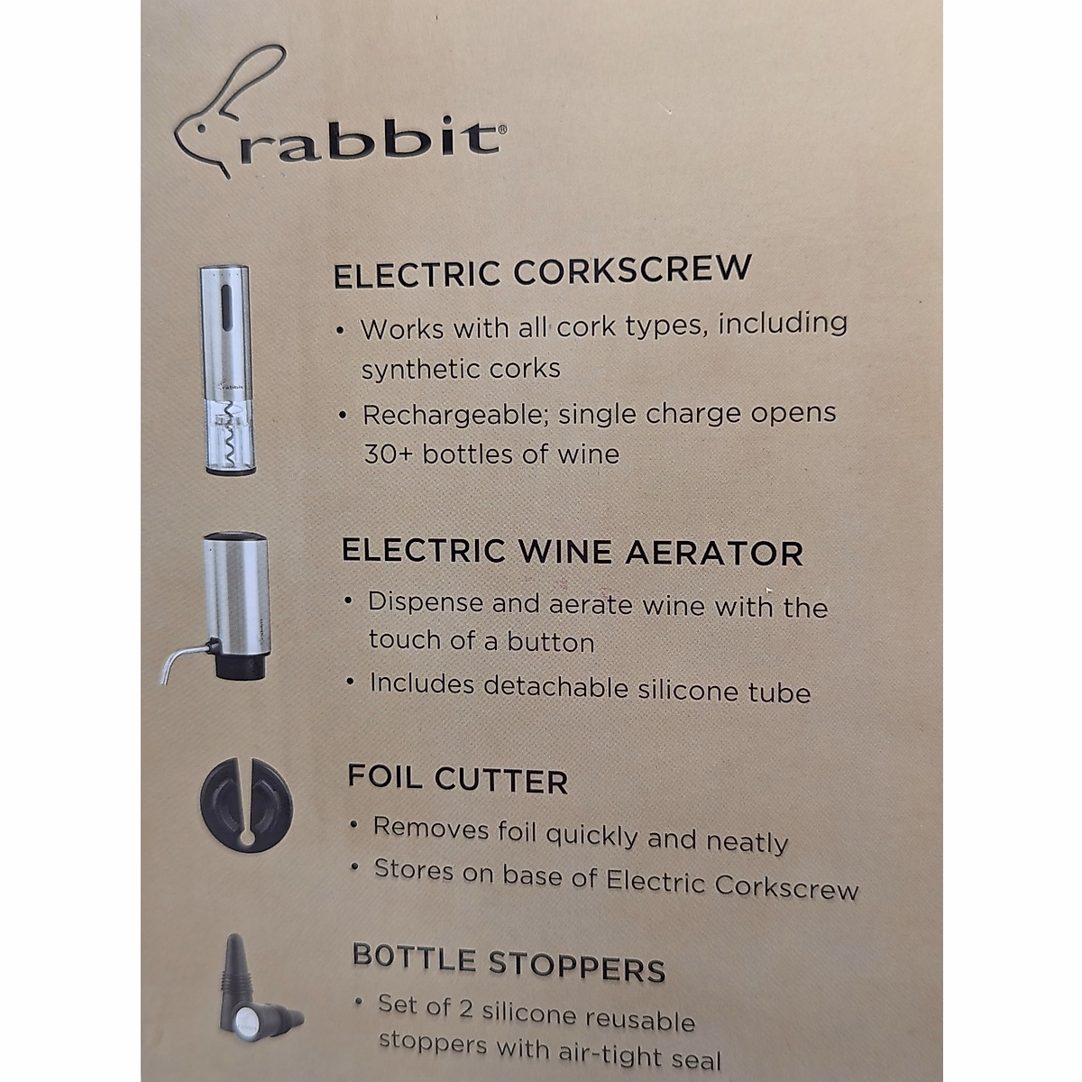Rabbit Electric Wine Tool Set - 5-Piece Wine Accessory Collection - Aerator, Corkscrew, Cutter, Stoppers, Charging Cables