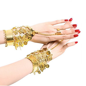 FZBNSRKO 2 Pcs Belly Dance Gold Triangle Bracelet Gypsy Jewelry Coin Bracelet Wrist Hand Bracelet Bangle Rings for Halloween Costume Present