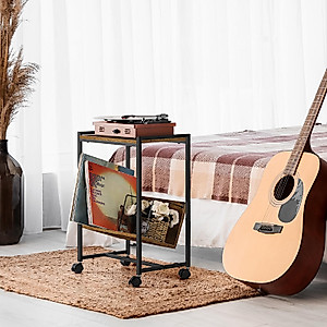 smusei Record Player Stand Industrial Record Player Table with Album Storage Shelf, Turntable Stand with Wheels Vinyl Record Holder Cabinet for Living Room Office, Rustic Brown
