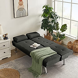67" Modern Linen Upholstered Futon Sofa Convertible Sleeper Couch Bed Daybed Loveseat,Folding Recliner with 2 Cup Holders,Metal Legs,Removable Soft Pillow-Top Armrest for Living Room Compact Space