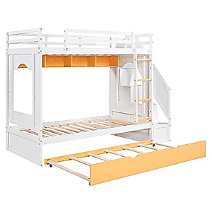 HomSof Twin Over Twin Bunk Bed with Trundle,Stairs,Ladders Solid Wood Bunk Bed with Storage Cabinet （White + Yellow）