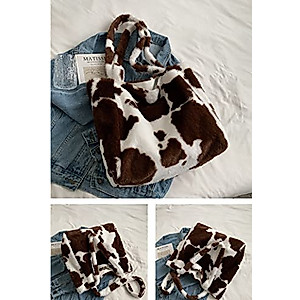 Winter Plush Cows Leopard Print Tote Bag Fluffy Large Shoulder Handbag Furry Beach Bag Soft Warm (brown)