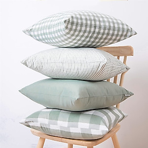 Topfinel Farmhouse Decorative Throw Pillow Covers 18x18inch Set of 4 Spring Green Cushion Case Buffalo Check Plaid Pillow Covers Canvas Striped Pillowcases for Bed Sofa Home Decor, Grey Green
