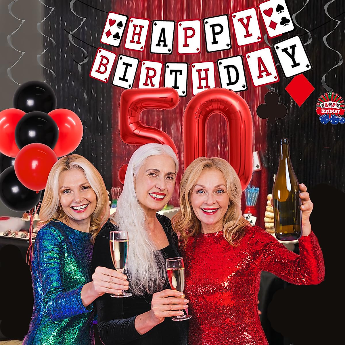 Casino 50th Birthday Party Decorations, Number 50 Balloon, Happy Birthday Banner and Cake Topper, Hanging Swirls for Adults Casino Night, Poker Theme Party Supplies