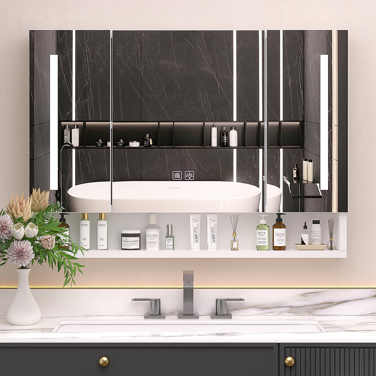 LGLRTD Bathroom Storage Cabinet - 39x28 inches Medicine Cabinets with Mirrors and LED Lights - Bathroom Storage Cabinet with Multilevel Storage Compartments (White)