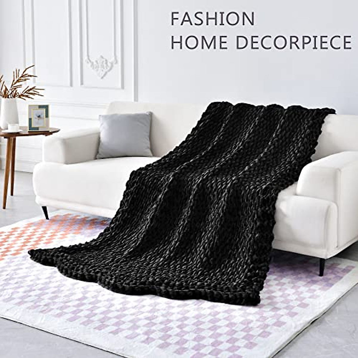 Handmade Chunky Knitted Weighted Blanket Velvet Knit Throw for Sleep,No Filler,Evenly Weighted,Soft Cozy(Black,51"x63"-13.5lbs)