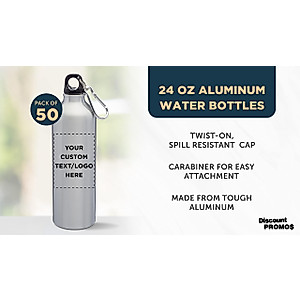 DISCOUNT PROMOS Custom Aluminum Water Bottles with Carabiner 24 oz. Set of 50, Personalized Bulk Pack - Perfect for Gym, Hiking, Camping, Running, Mountain Bike, Outdoor Sports - Silver