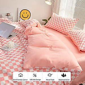 Pink Bedding Checkered Duvet Cover Set Twin, Soft 100% Washed Cotton Grid Plaid Duvet Cover Set, 4PCS 1 Quilt Cover+2 Pillow Covers+1 Flat Sheet, Checkered Cover Set Bedding Sets Collections