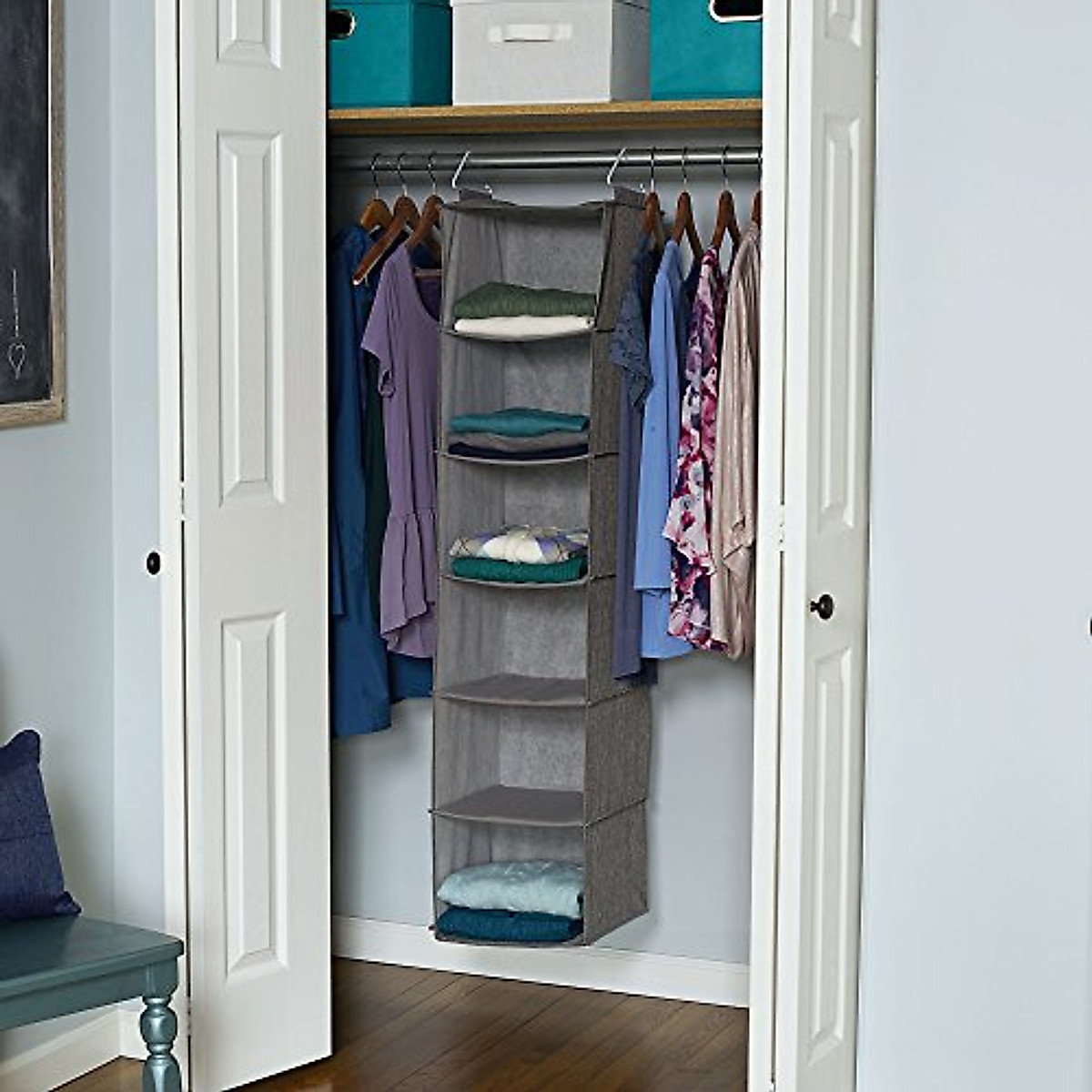 Household Essentials 66412 6 Shelf Hanging Closet Organizer, Grey Linen