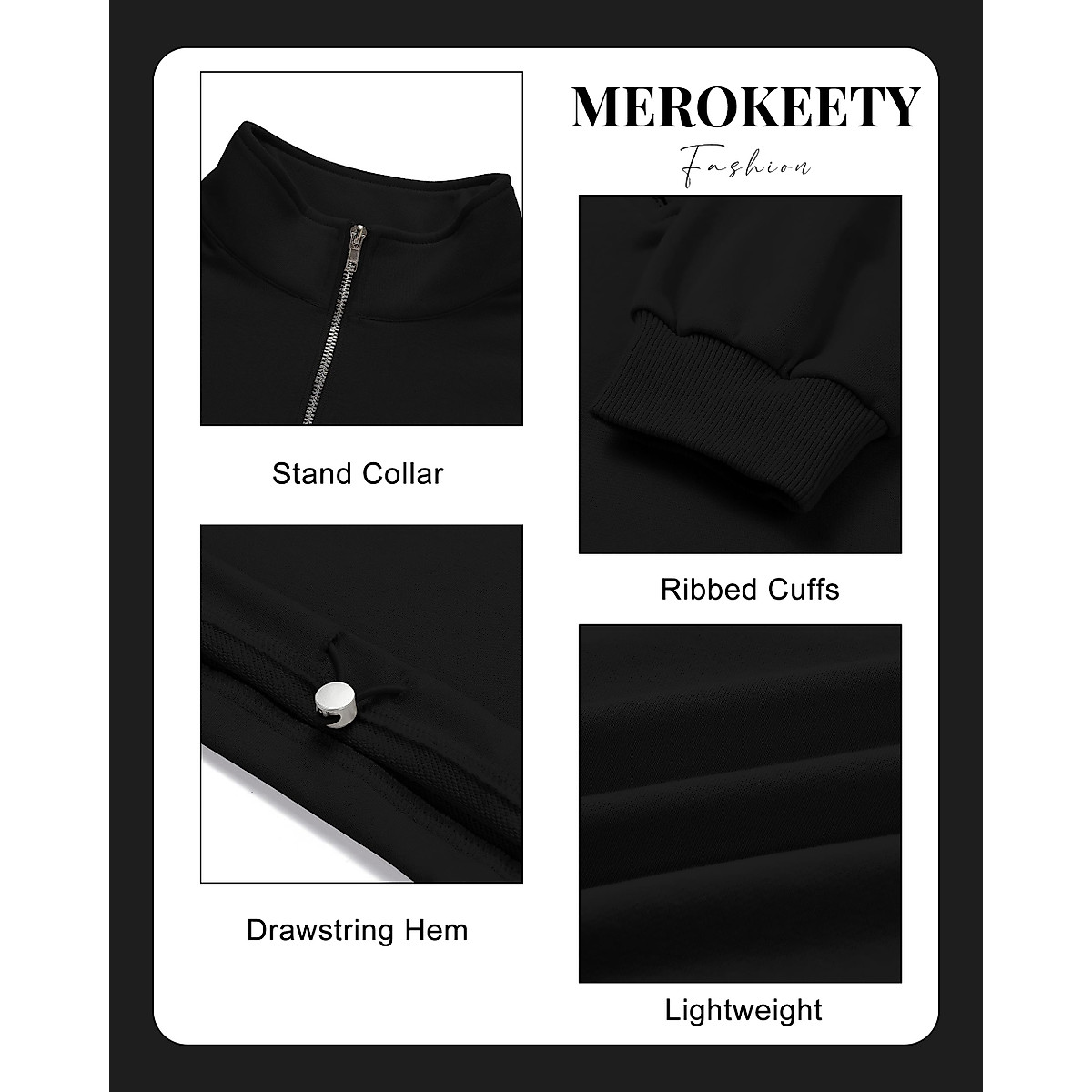MEROKEETY Women's Quarter Zip Crop Sweatshirt Long Sleeve Stand Collar Drawstring Casual Pullover Top,Black,M