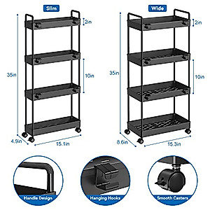 2 Pack 4 Tier Slim Storage Cart, Bathroom Organizer Laundry Room Organization Mobile Shelving Unit Slide Out Utility Rolling Rack with Wheels for Kitchen Garage Office Small Apartment Narrow Space