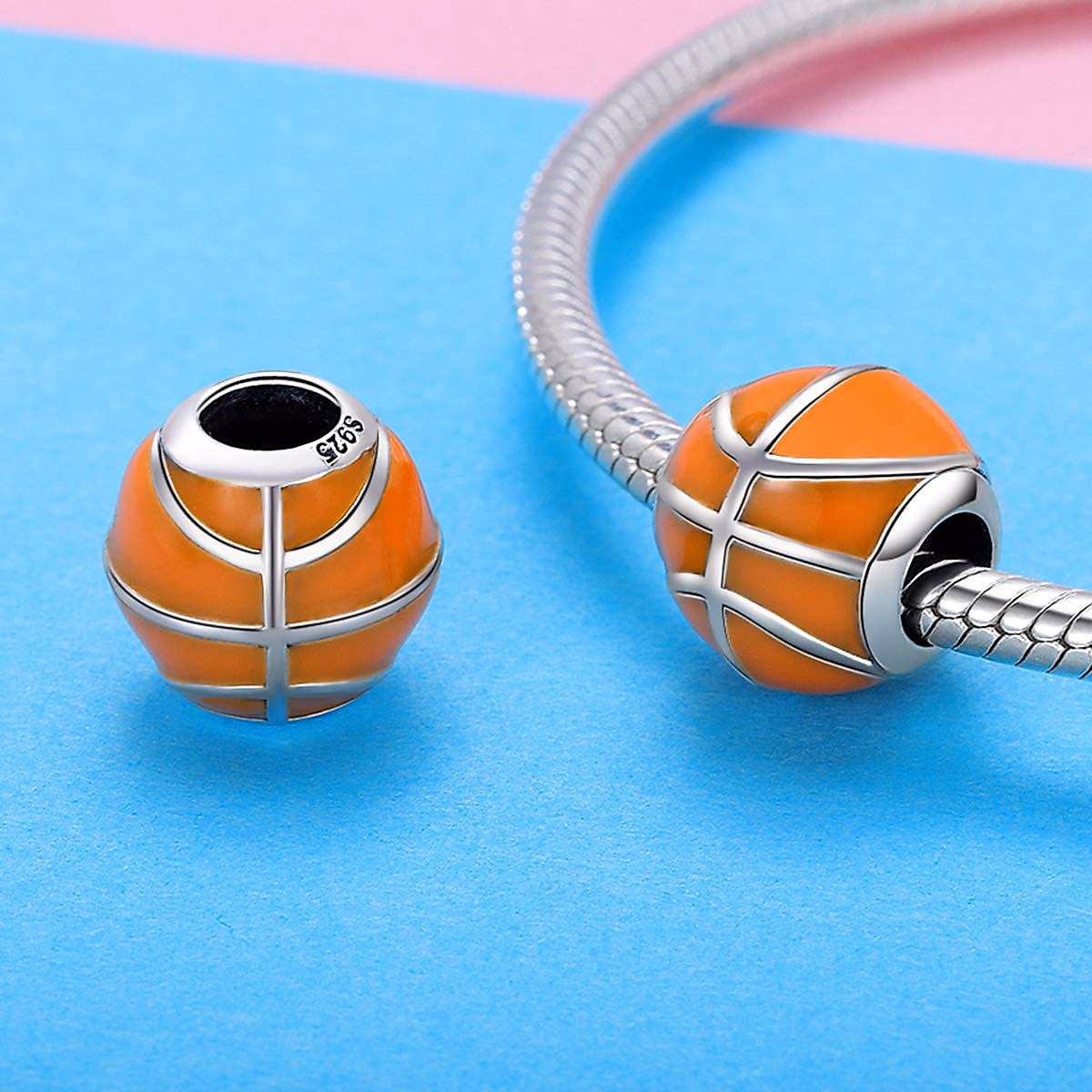 CZVIVIRY Sport Bead Charms 925 Sterling Silver USA Rugby Football Basketball Volleyball Golf Club Bat Mitten European Charm Bracelet (Basketball)