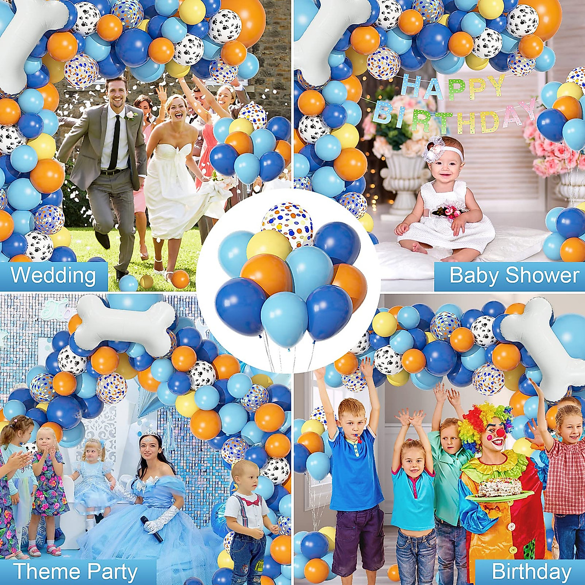 128Pcs Blue Birthday Party Supplies Balloons Garland Kit, Blue Orange Yellow White Bone Dog Paw Balloons Arch Banner for Baby Shower Girls and Boys Blue Theme Happy Birthday Party Decorations