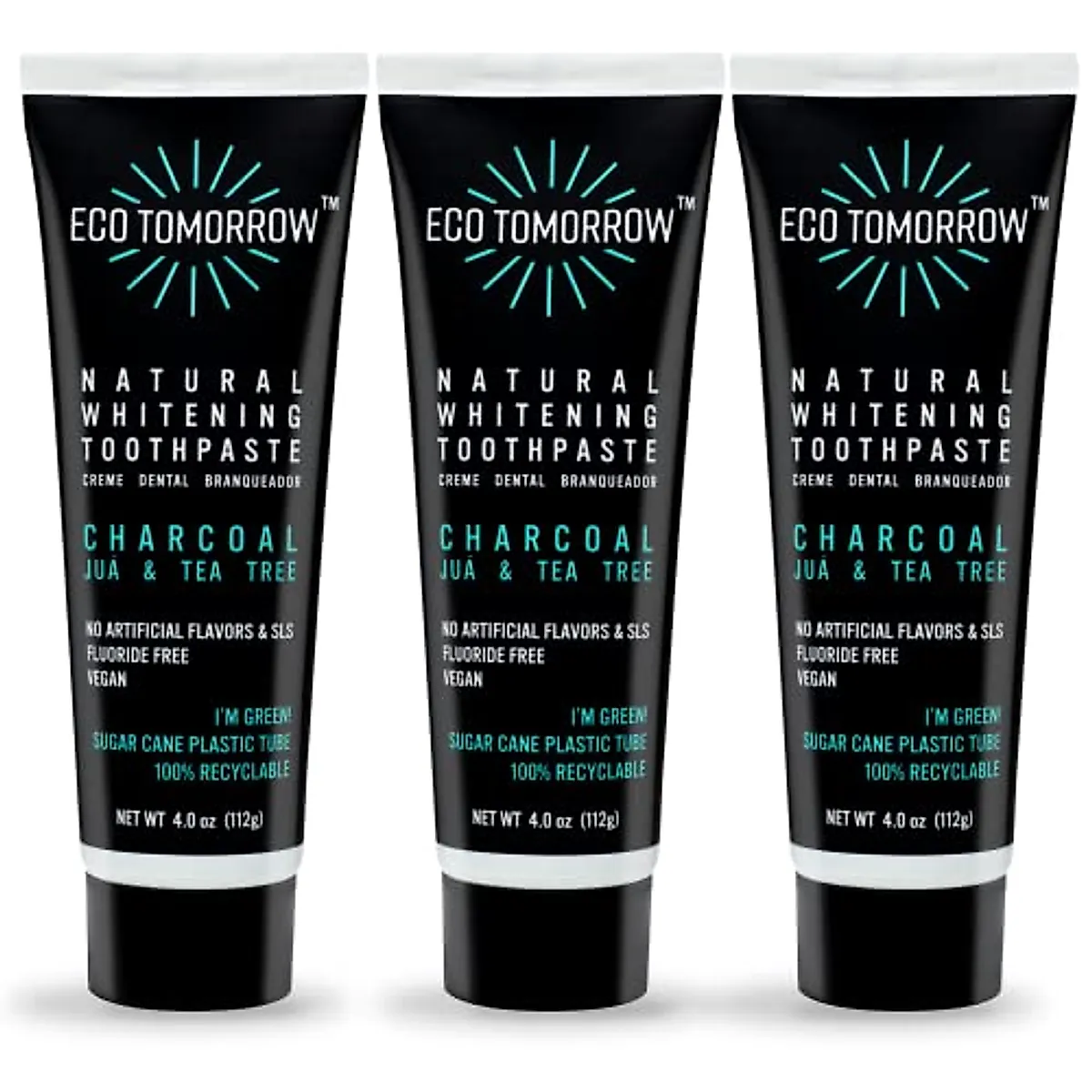 EcoTomorrow Charcoal Whitening Toothpaste - Natural Juá & Tea Tree, Fluoride Free, Plant Based with Peppermint Essential Oil - 4.0oz (Pack of 3)