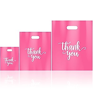 Eersida 200 Pcs Thank You Merchandise Bag Die Cut Shopping Bags with Handles 3 Sizes Plastic Gift Bags Retail Bags for Goodie Small Business Trade Bags Store Boutique Clothes (Pink)