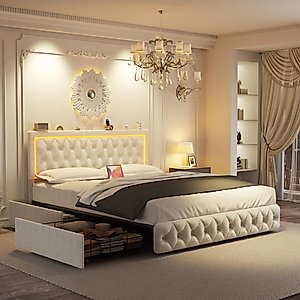 Ucloveria Queen Size Bed Frame with 4 Storage Drawers, Upholstered Platform Bed with Type-C & USB Ports, Adjustable Button Tufted Headboard, No Box Spring Needed, Velvet Beige