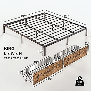 IRONCK King Bed Frame with 2 XL Storage Drawer, Platform Bed Frame Strong Steel Double Reinforced Support, No Box Spring Needed, Wooden Board Decor