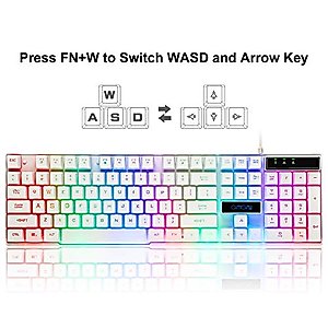 LED Backlit Wired Keyboard and Mouse Gaming Combo Mechanical Feeling Rainbow Backlight Emitting Character 3200DPI Adjustable USB Mice Compatible with PC Raspberry Pi iMac TDW910(White)