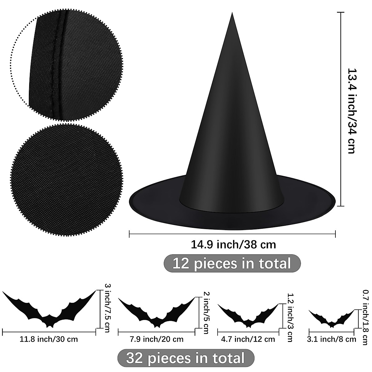 Elcoho 12 Halloween Black Witch Hats, Costume Accessories Caps, 32 3D Bat Wall Stickers for Yard Party