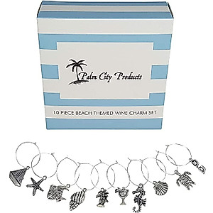 Palm City Products 10 Piece Beach Themed Wine Charm Set - Nautical Stemmed Wine Glass Charms