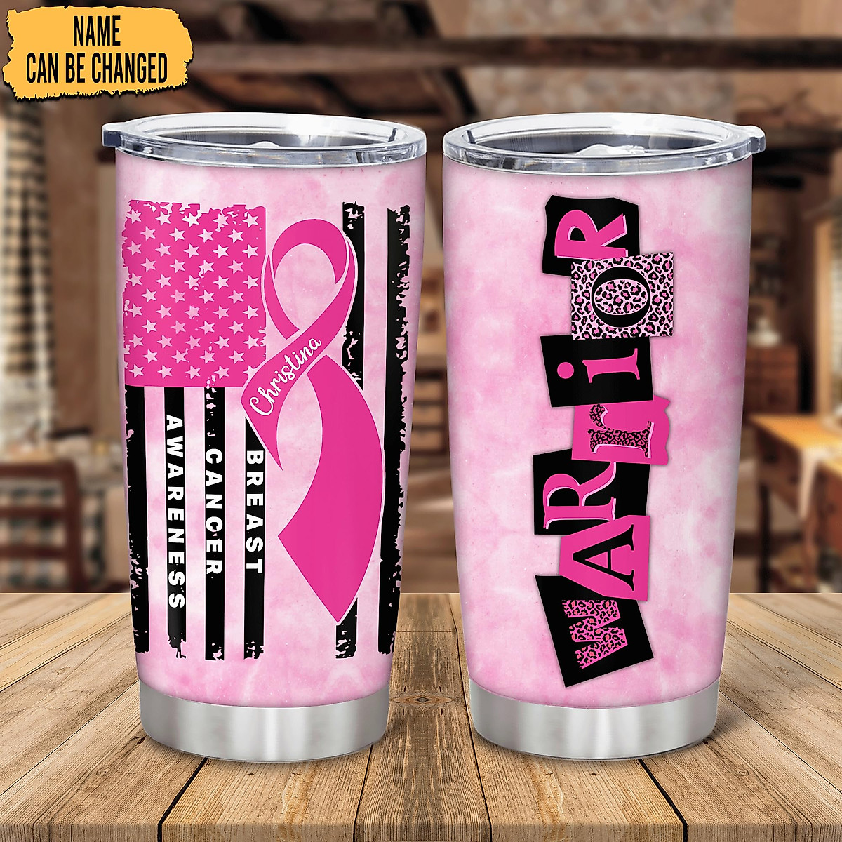 Hyturtle Personalized Breast Cancer Awareness Gifts For Women - Custom Name Stainless Steel Tumbler Coffee 20 oz With Lid - Warrior Breast Cancer Gifts For Friend, Mom On Awareness Month, Christmas