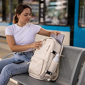 (Not Made In China) Travel Backpack For Men and Women, Airline Approved Carry On Bag w/Shoe Compartment, Holds 15.6" Laptop Computer, USB Charging Port (Amerigo, Beige,1 Pack)