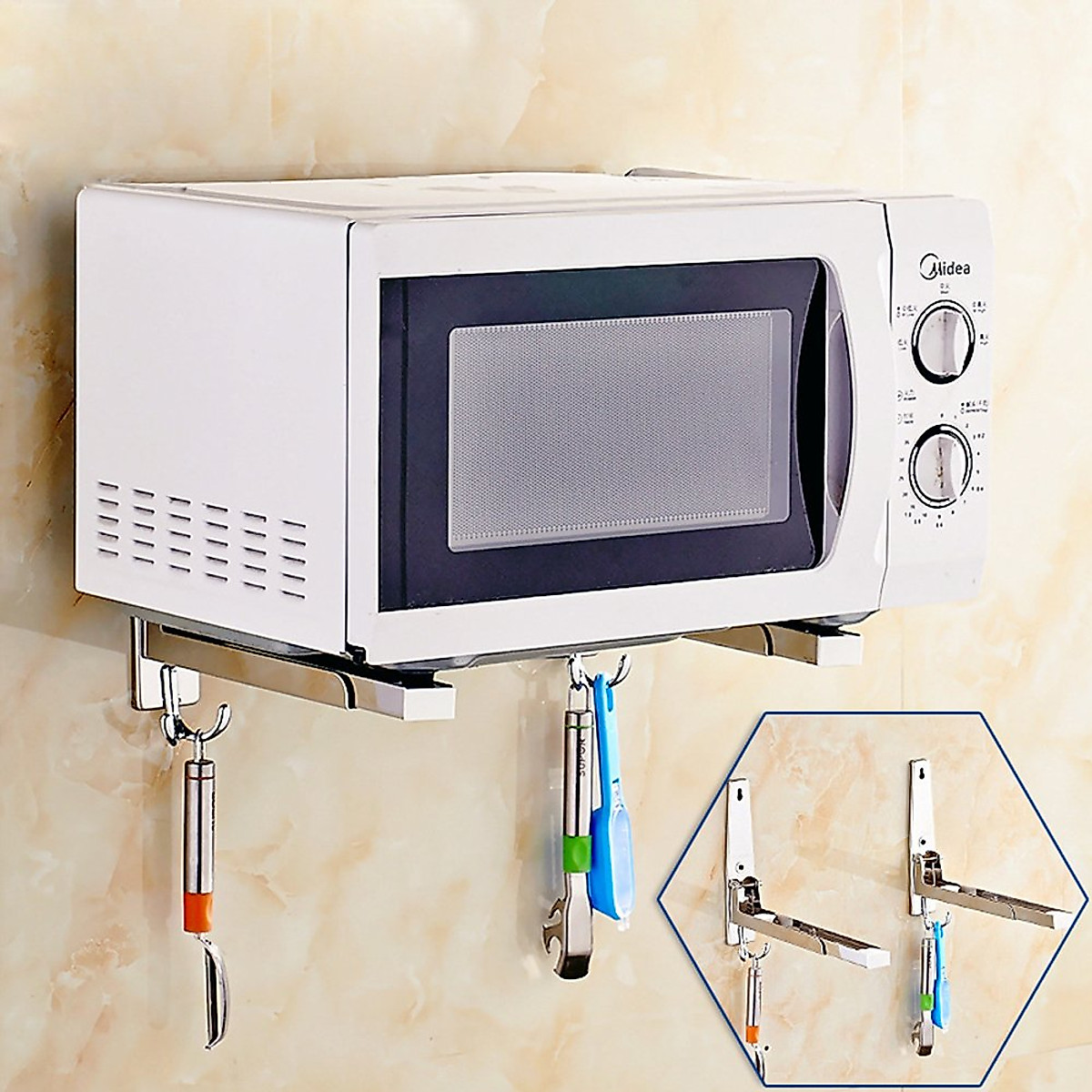 iayokocc Wall Mounted Microwave Bracket, Kitchen Foldable Stainless Steel Shelf Oven Rack Holder(Silver)