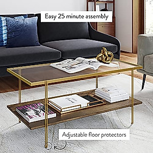 Nathan James Asher Mid-Century Rectangle Coffee Table Glass Top and Rustic Oak Storage Shelf with Sleek Brass Metal Legs, Gold
