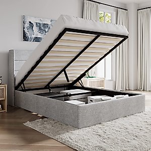 SHA CERLIN Queen Size Lift Up Storage Bed/Modern Wingback Headboard/Upholstered Platform Bed Frame/Hydraulic Storage/No Box Spring Needed/Wood Slats Support/Light Grey