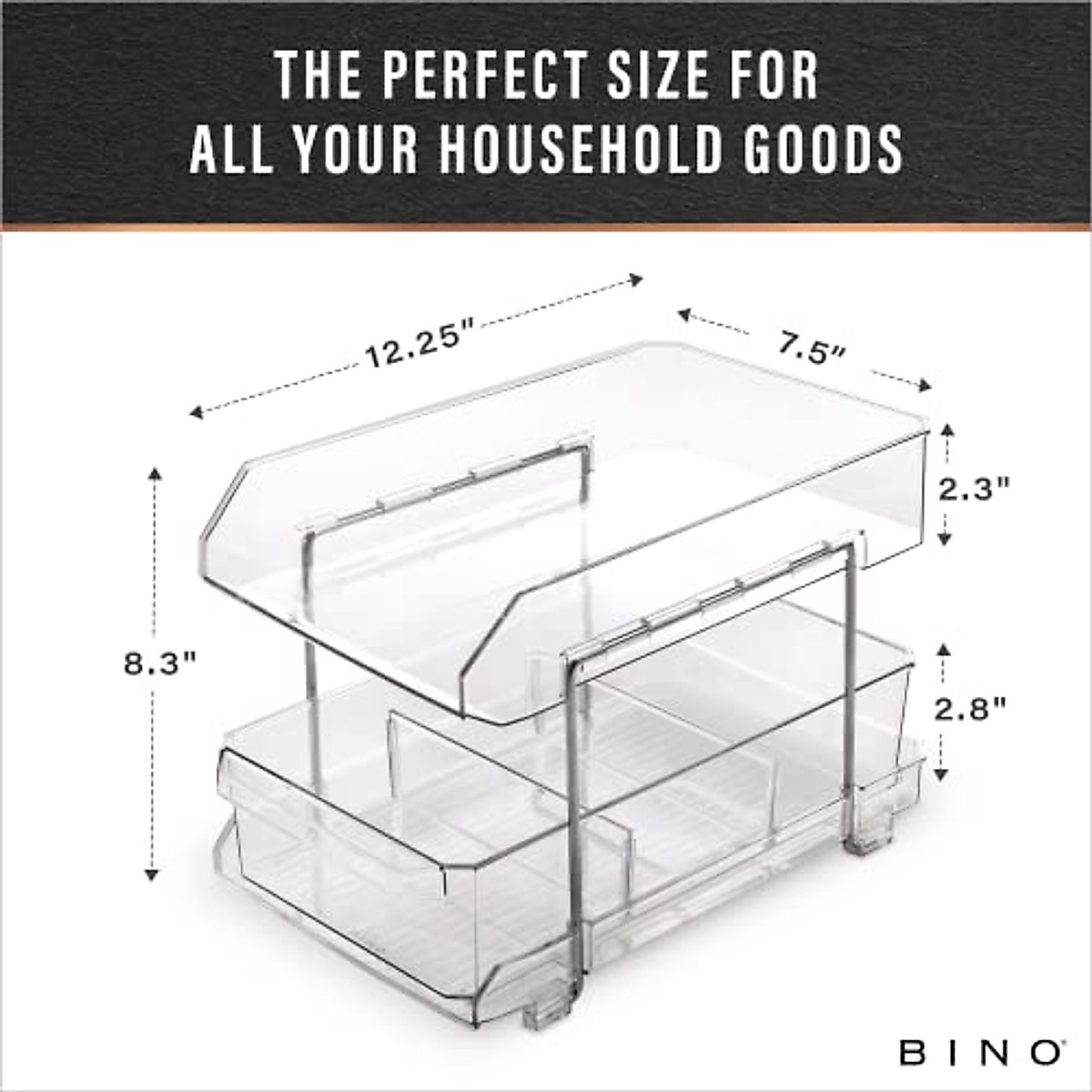 BINO 2 Tier Clear Storage Organizer with Dividers | Bottom Slide Out Drawer for Under Sink, Medicine Cabinet | Bathroom Closet, Vanity, Pantry Organizer | Under Cabinet Storage for Bathroom & Kitchen