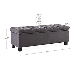 BELLEZE 47 Inch Mid Century Modern Storage Ottoman, Rectangular Lift Top Button Tufted Linen Bench Footstool for Living Room or Bedroom Furniture - Tiara (Gray)