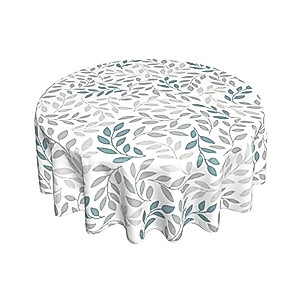 Leaf Grey Tablecloth Summer 60 Inch Round Teal Tablecloth Leaves Rustic with Wrinkle Resistant for Party, Picnic, Tabletop, Dining Room, Indoor and Outdoor Dining, Decorative Patio