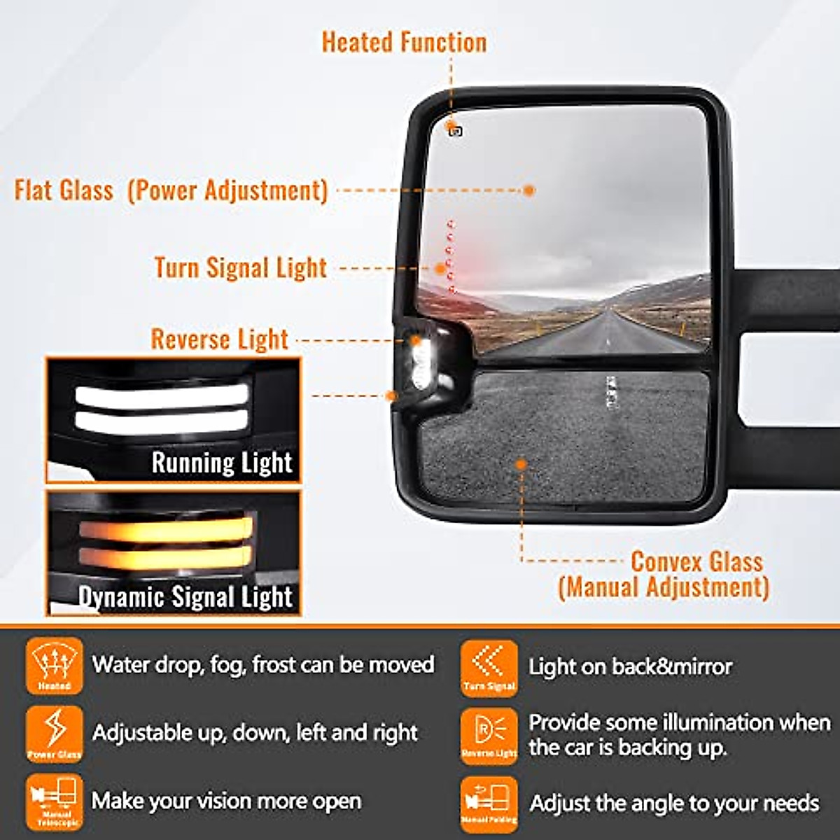 Siziom Switchback Towing Mirrors, for 2014-2018 Chevy Silverado Mirror, GMC Sierra Power Heated Turn Signal Backup Light Manual Telescoping Mirrors Pair Set Paint White