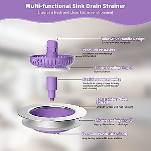Hibbent Universal 3 in 1 Kitchen Sink Drain Strainer with Sink Stopper, Chrome Stainless Steel Wraped Shell, Anti-Clogging Basket Strainer, Foldable Handle, Fit for US Standard 3-1/2" Drain, Purple