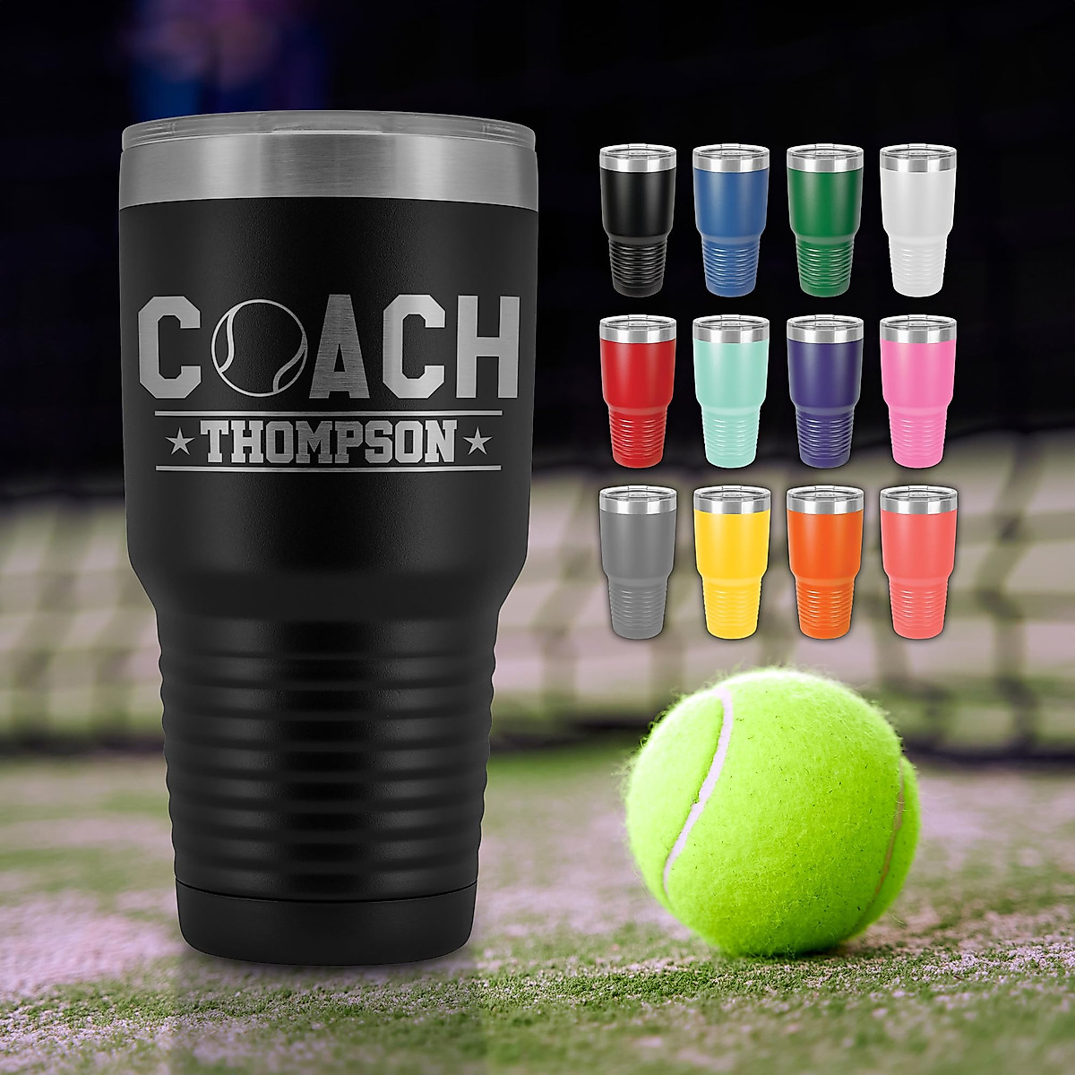 Personalized Tennis Coach Tumbler Cup With Coach Name - Customized Tennis Coach Gift - Custom Tennis Coach Travel Mug - Green