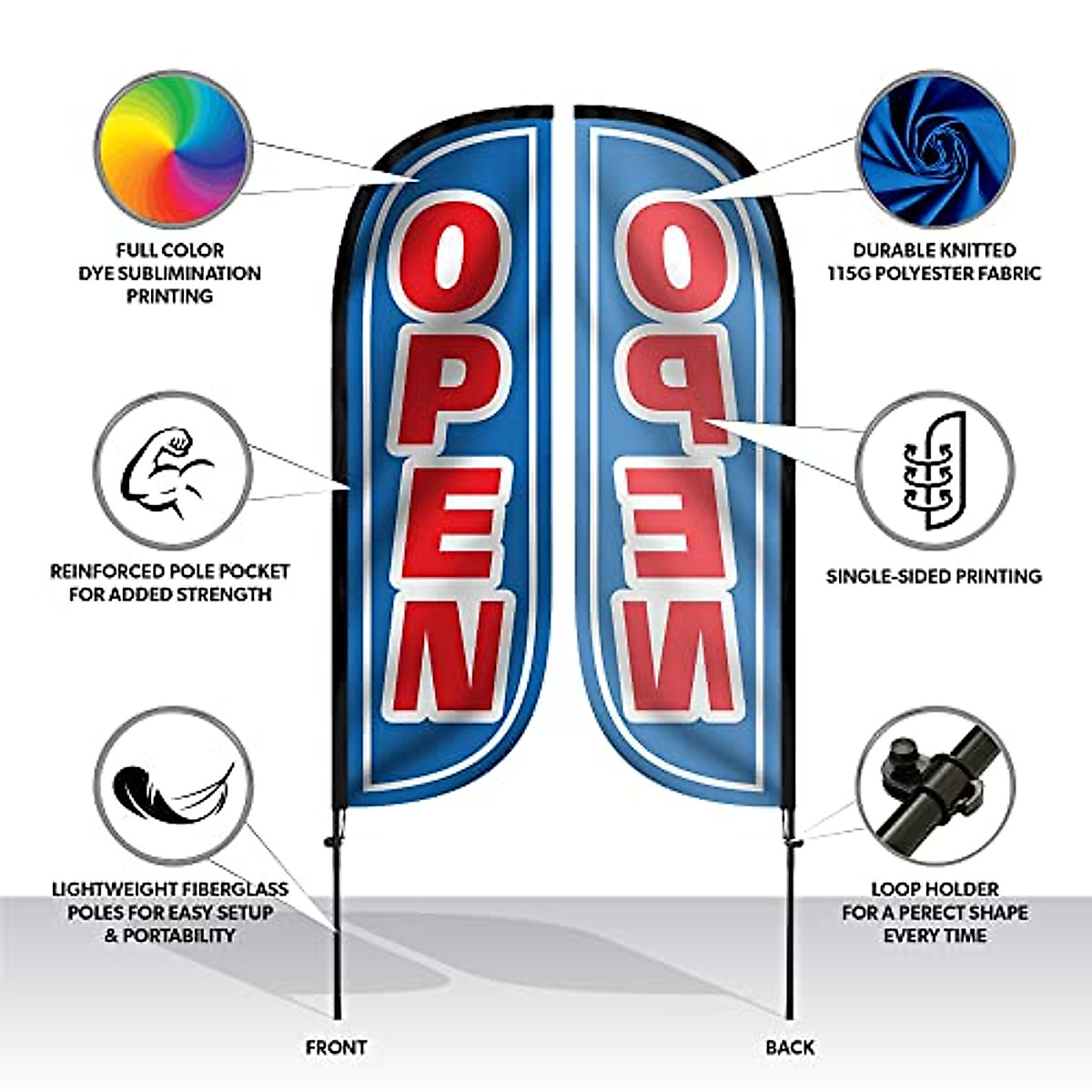 LookOurWay Feather Flag Set - 5ft Tall Advertising Banner Flag with Pole Kit and Ground Spike for Business Promotion - Open Blue/Red