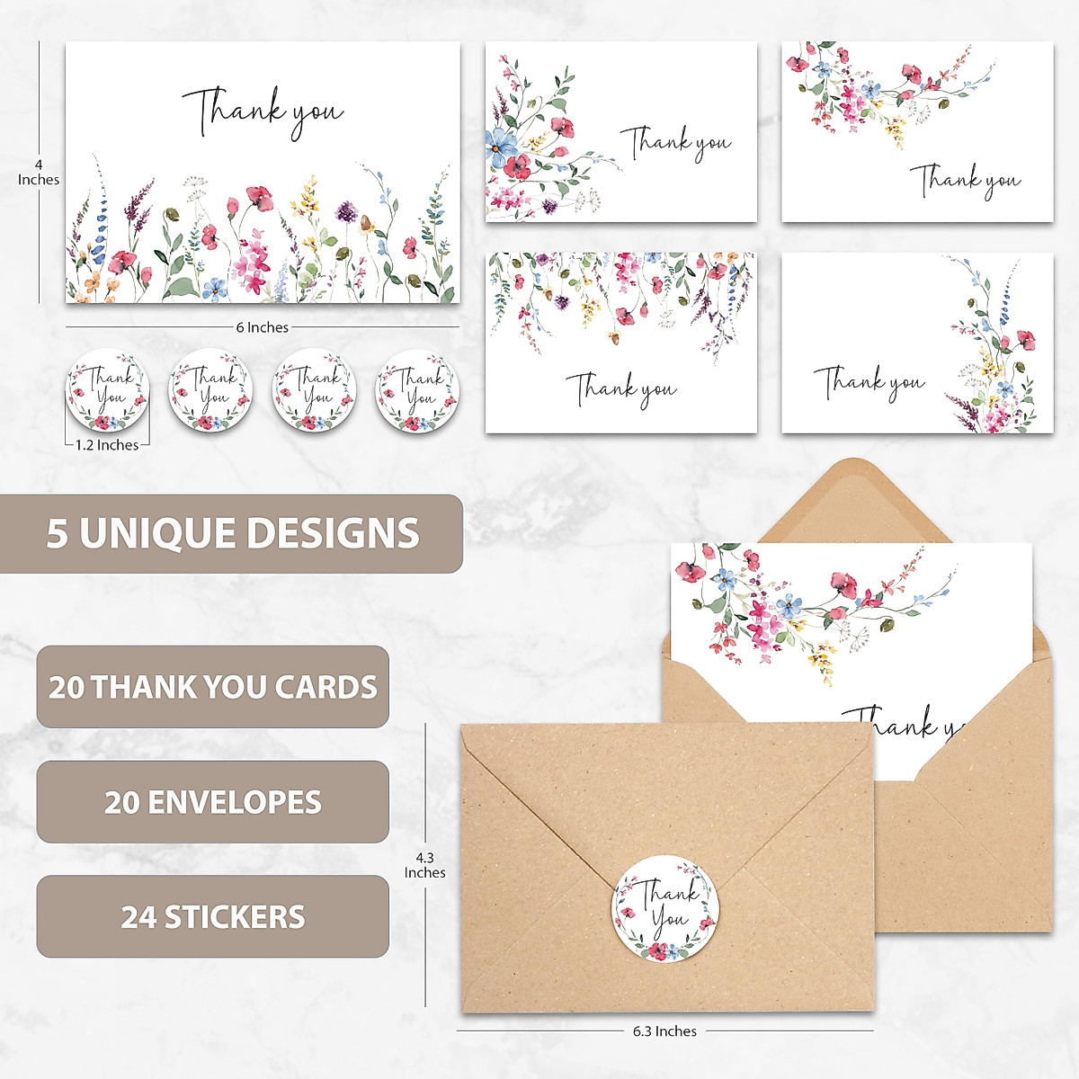 Floral Thank You Cards With Envelopes (bulk 20-4x6) - Thank You Notes With Envelopes Set - Wildflower Thank You Cards With Envelope And Stickers - for Birthday, Wedding, Bridal Showers, Baby Showers
