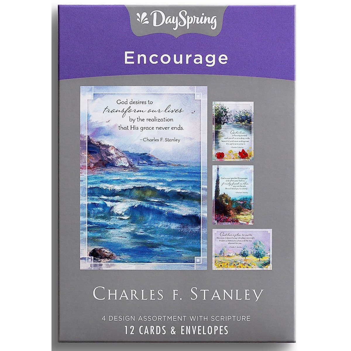 DaySpring - Encouragement - Charles F. Stanley - 4 Design Assortment with Scripture - 12 Encouragement Boxed Cards & Envelopes (70100)