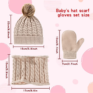 3Pcs Baby Beanie Hat Scarf Gloves Set Infant Knitted Cap Winter Warm Gloves Toddler Neck Warmer for Boys Girls 0-3 Years (Khaki)