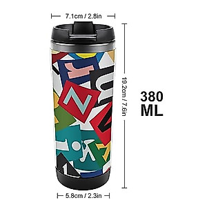 KS-QON BENG Colour Alphabet Travel Mug 12 Oz Travel Coffee Cup Stainless Steel Insulated Tumbler with Flip Lid Double Wall Keep Cool/Warm Water Cup for Women Men