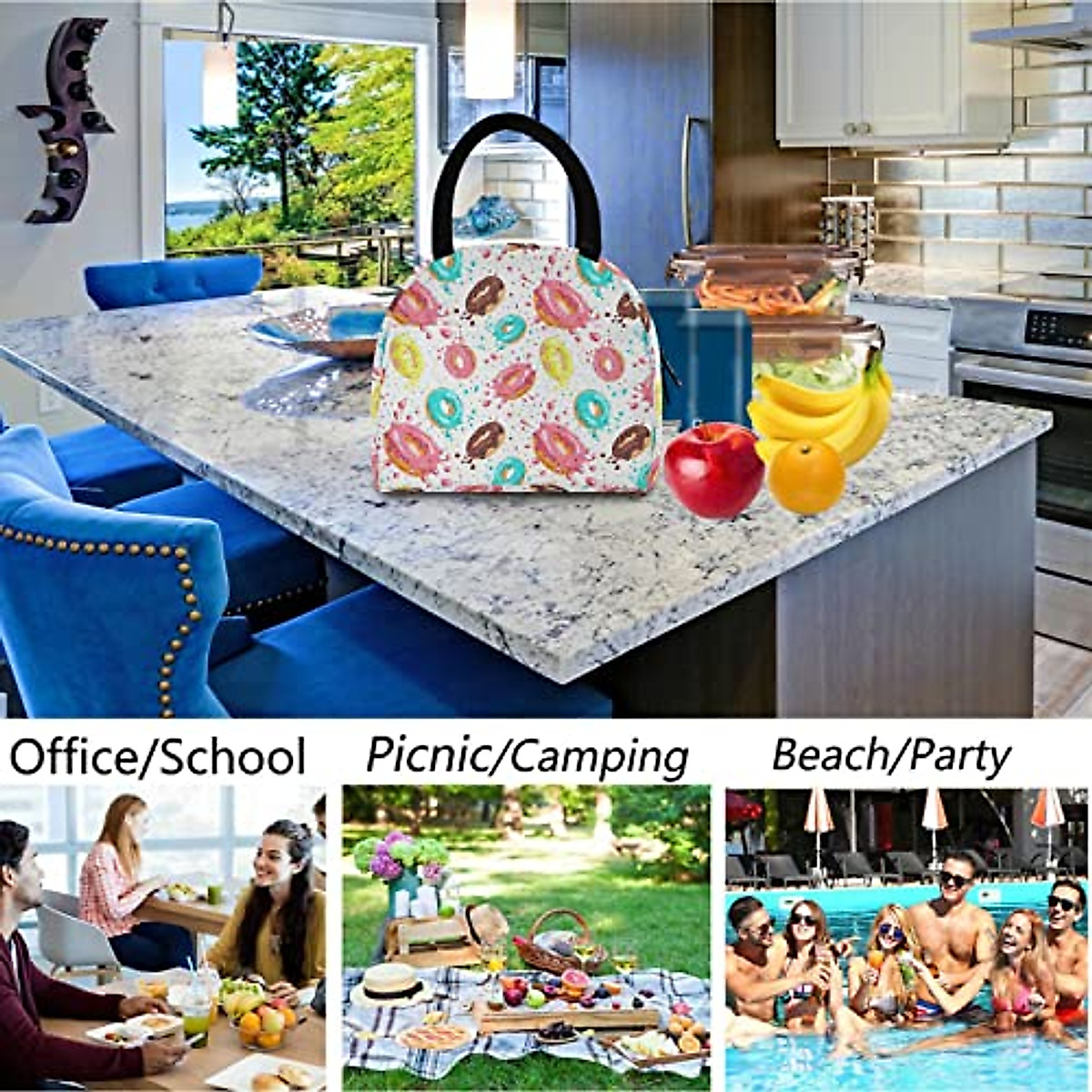 ZzWwR Cute Colorful Splashed Donuts Reusable Lunch Tote Bag with Front Pocket Zipper Closure Insulated Cooler Container Bag for Man Women Work Picnic Travel Beach Fishing