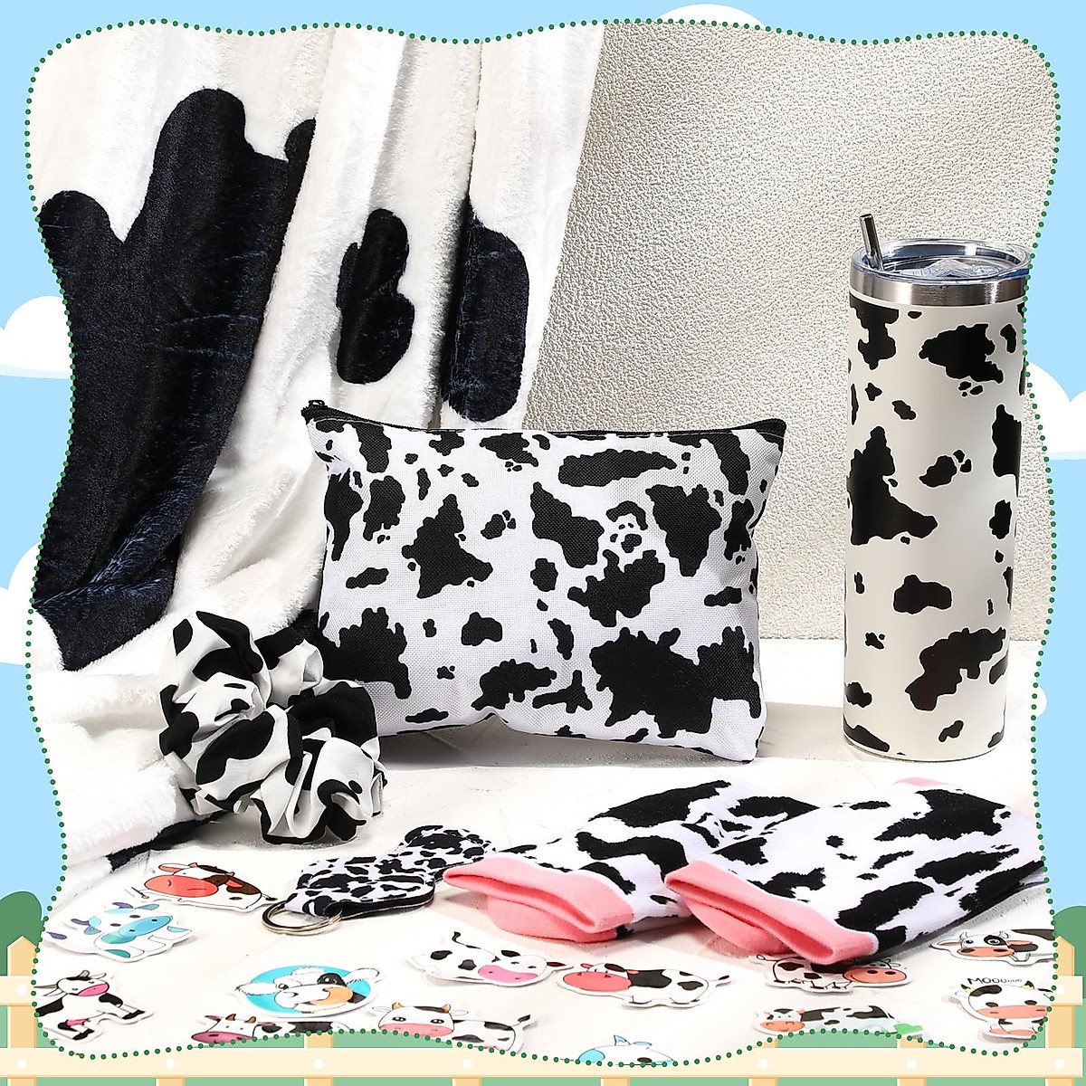 Bokon Cow Print Stuff for Girls, Cow Themed Set Include 50" x 60" Warm Plush Cute Blankets 20 oz Cow Tumbler Socks Cosmetic Bag Lipstick Holder Scrunchies Cow Sticker for Cow Lover