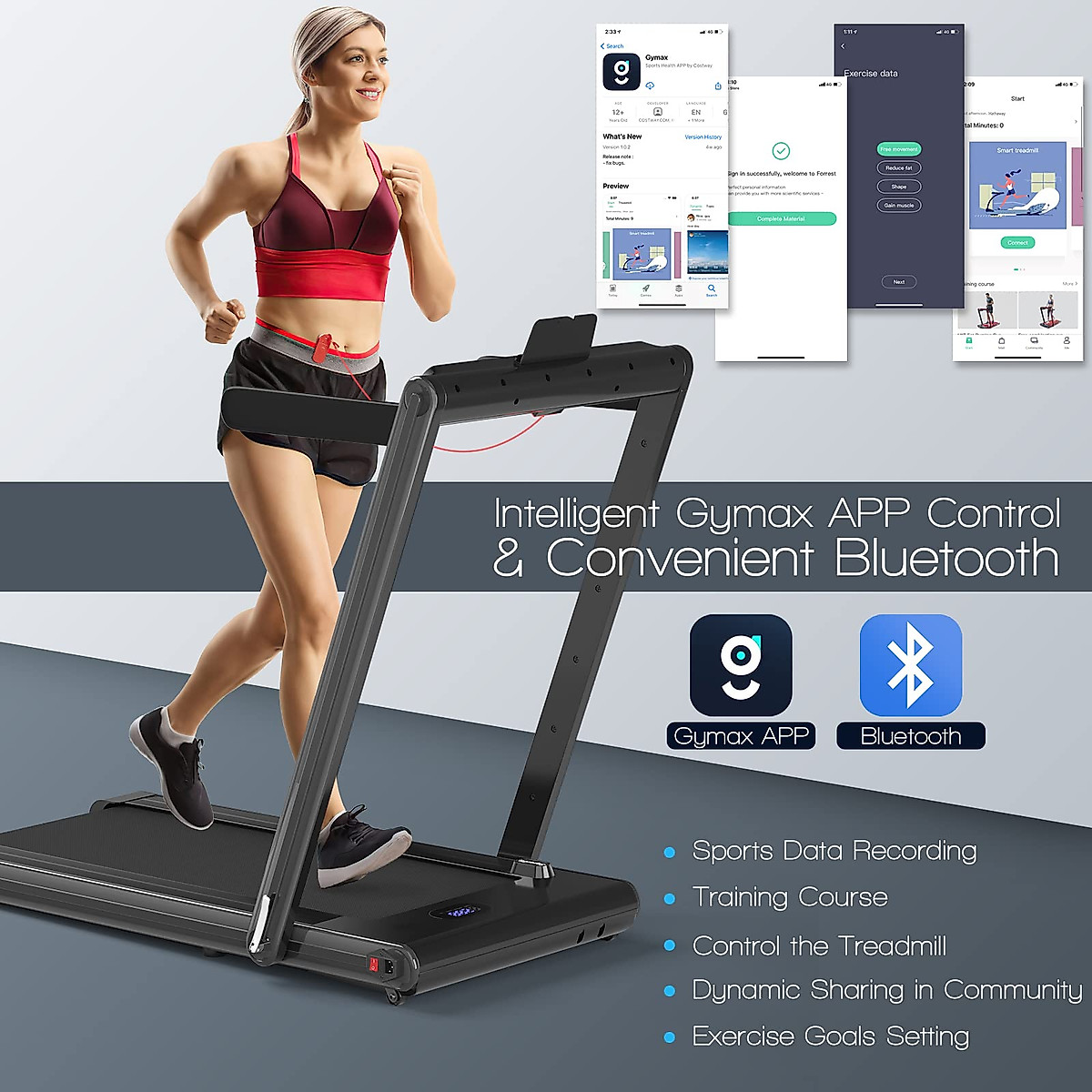 Goplus 2-in-1 Folding Treadmill, 2.25HP Electric Under Desk Treadmill W/LED Display, Blue Tooth Speaker, APP & Remote Control, Phone Holder, Walking Running Machine for Home Office Gym (Black)